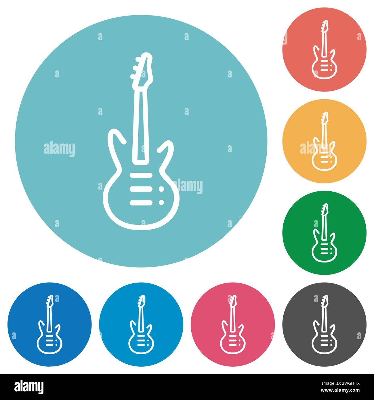 Electric guitar outline flat white icons on round color backgrounds ...