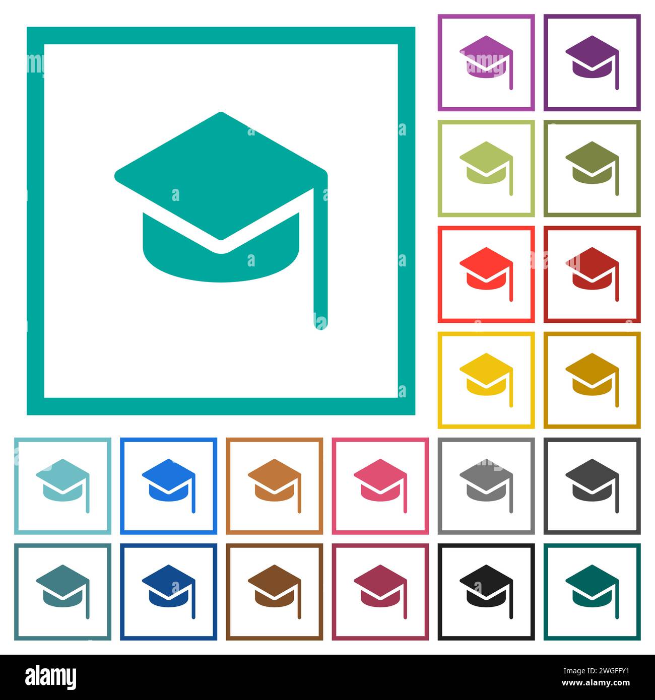 Graduation hat solid flat color icons with quadrant frames on white background Stock Vector ...