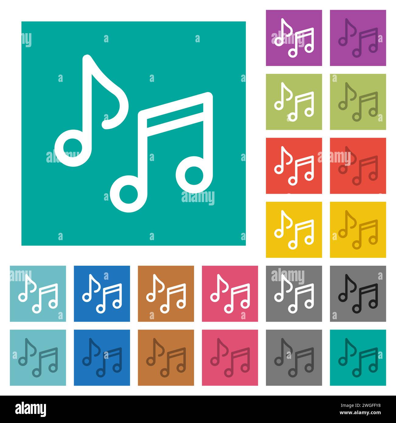 Music notes outline multi colored flat icons on plain square ...