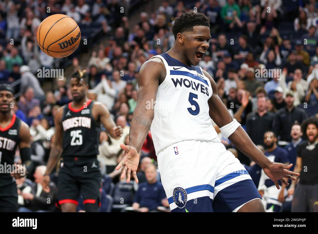 Minnesota Timberwolves guard Anthony Edwards (5) celebrates after ...