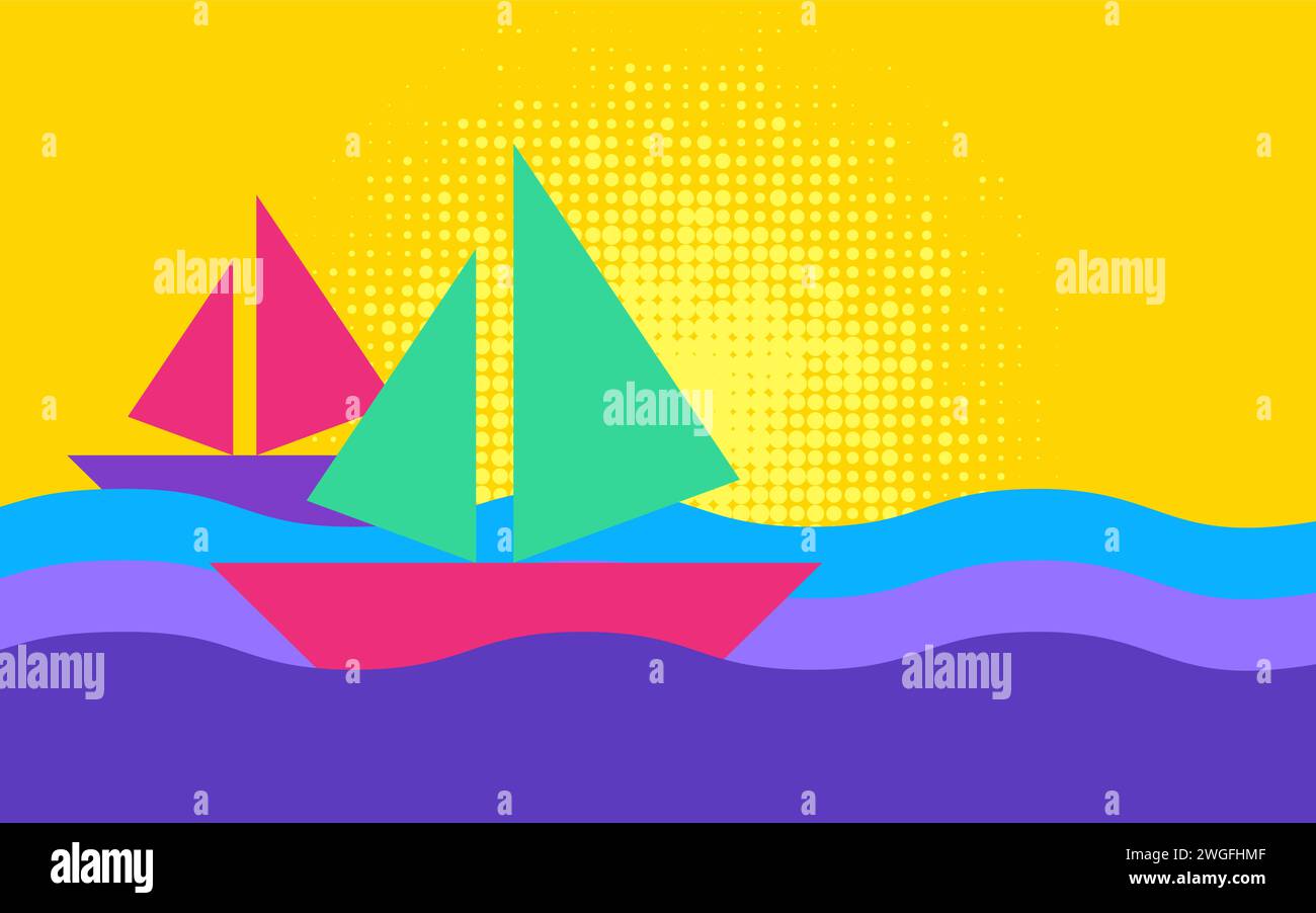 Abstract geometric sailboats in the ocean, punchy colors vector ...