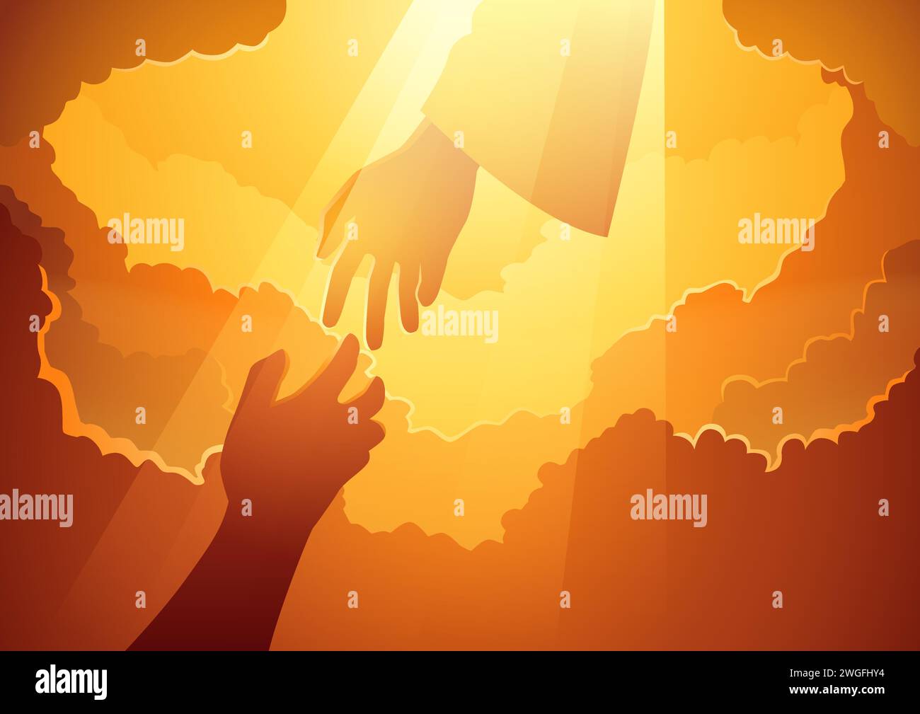 Biblical silhouette illustration series, God hand in the open sky with ...