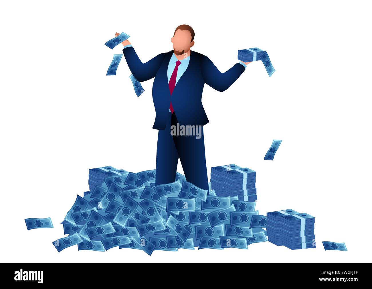 Fat businessman standing on a big pile of money, capitalist, wealthy ...