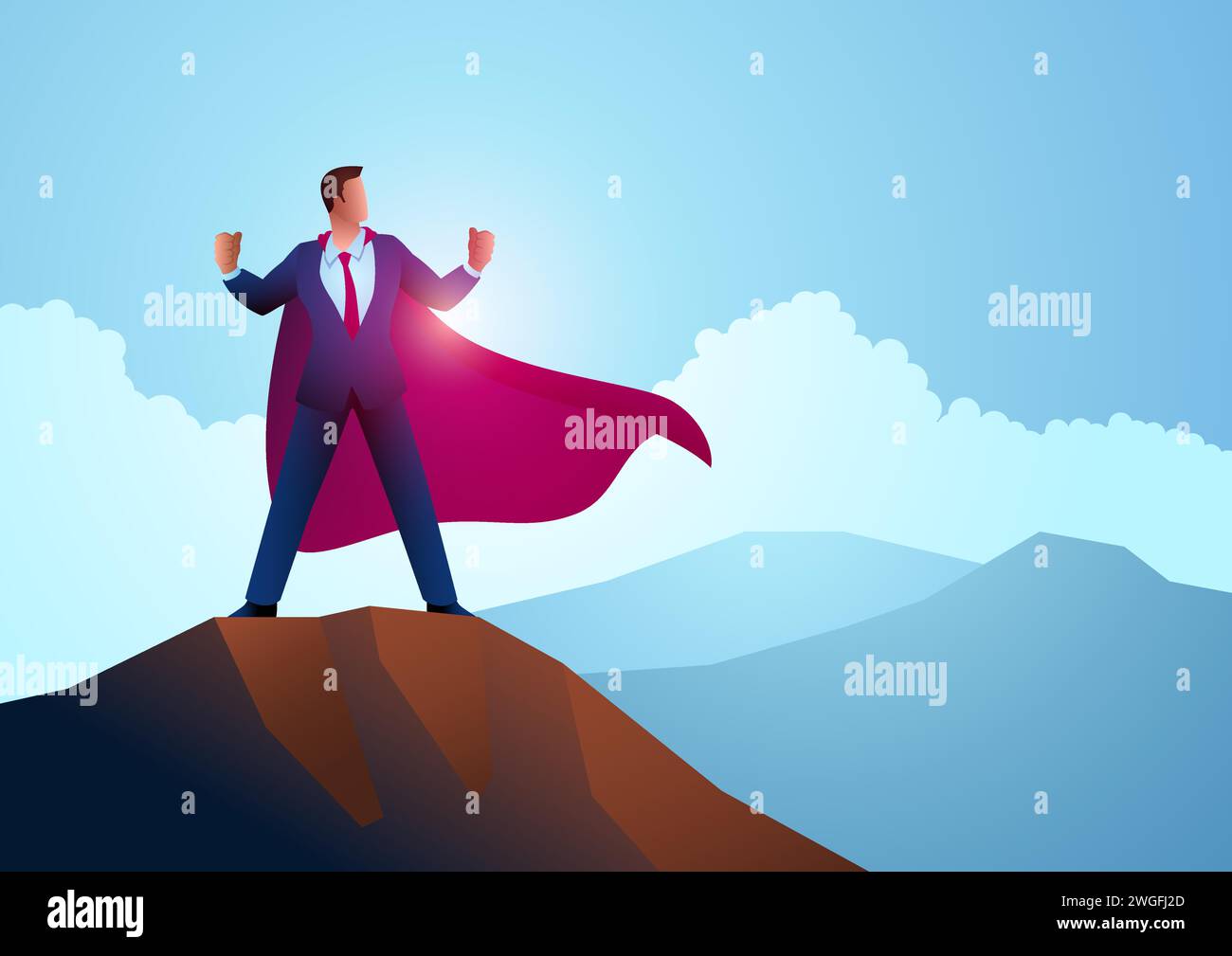 Businessman as a superhero standing on the top of a mountain ...