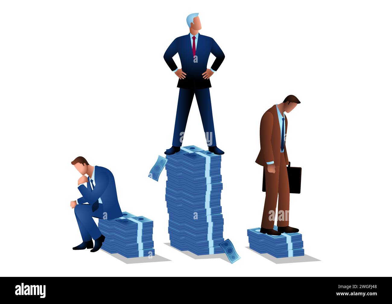 Businessman standing on higher stack of money than other businessmen ... Businessman standing on higher stack of money than other businessmen ...