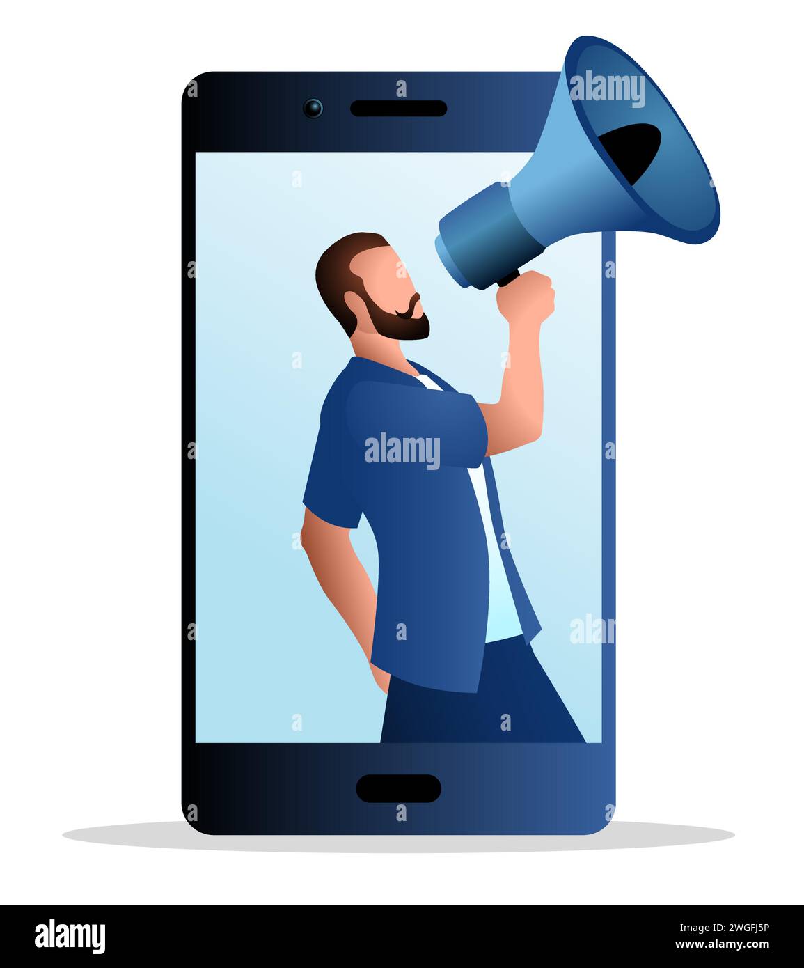 Male figure comes out from cellphone using megaphone, influencer, key ...