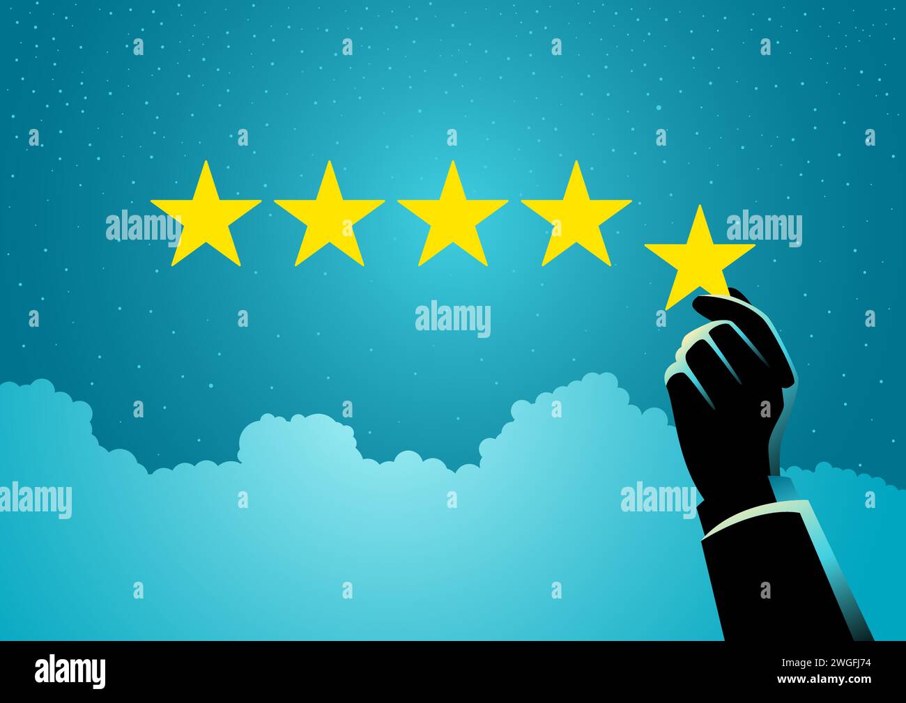 Hand puts a star to give a 5 star rating, improve performance, rating ...