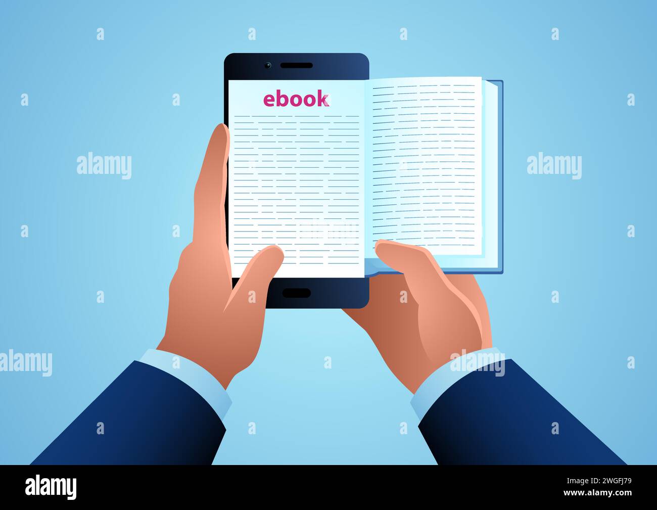 Mans hand holding a smartphone reading ebook, electronic book, digital technology, vector ...