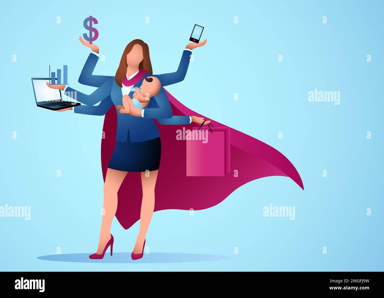 Vector illustration of a businessswoman wears superhero cape with many ...