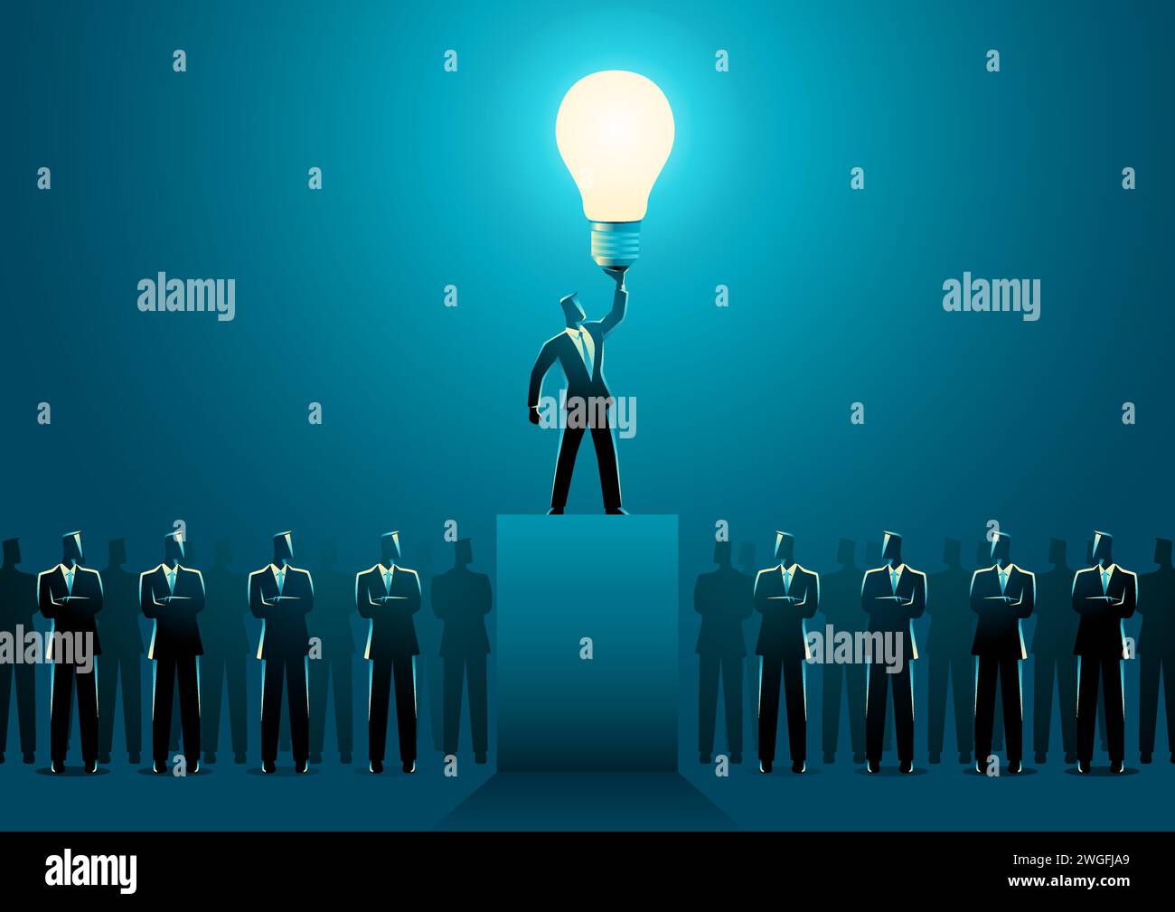 Businessman lighting up other businessmen with a lightbulb on stage ...