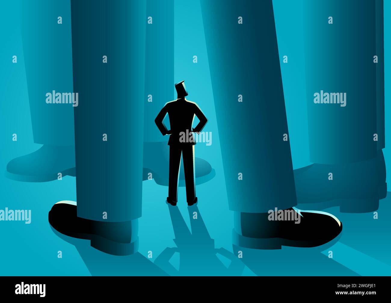 Business man surrounded by giant men feet, intimidation, persecution ...