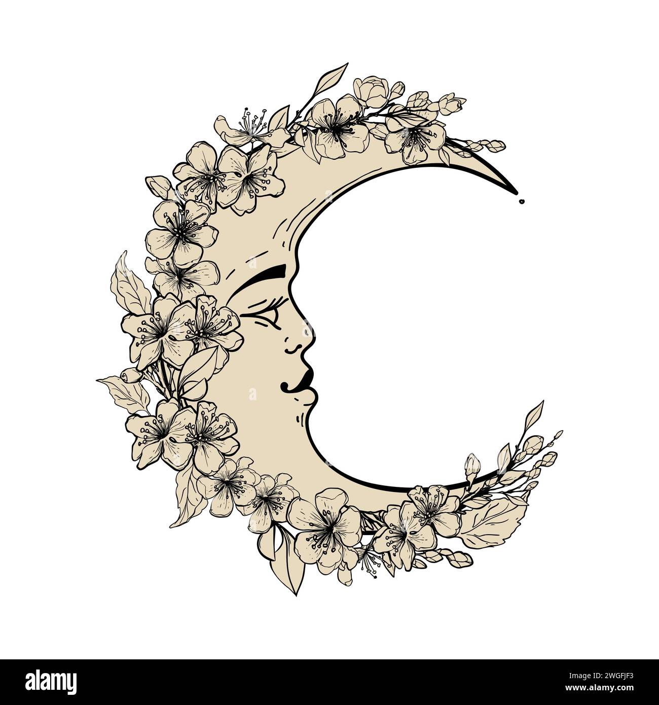 Celestial crescent moon with a face decorated with flowers, mystical ...