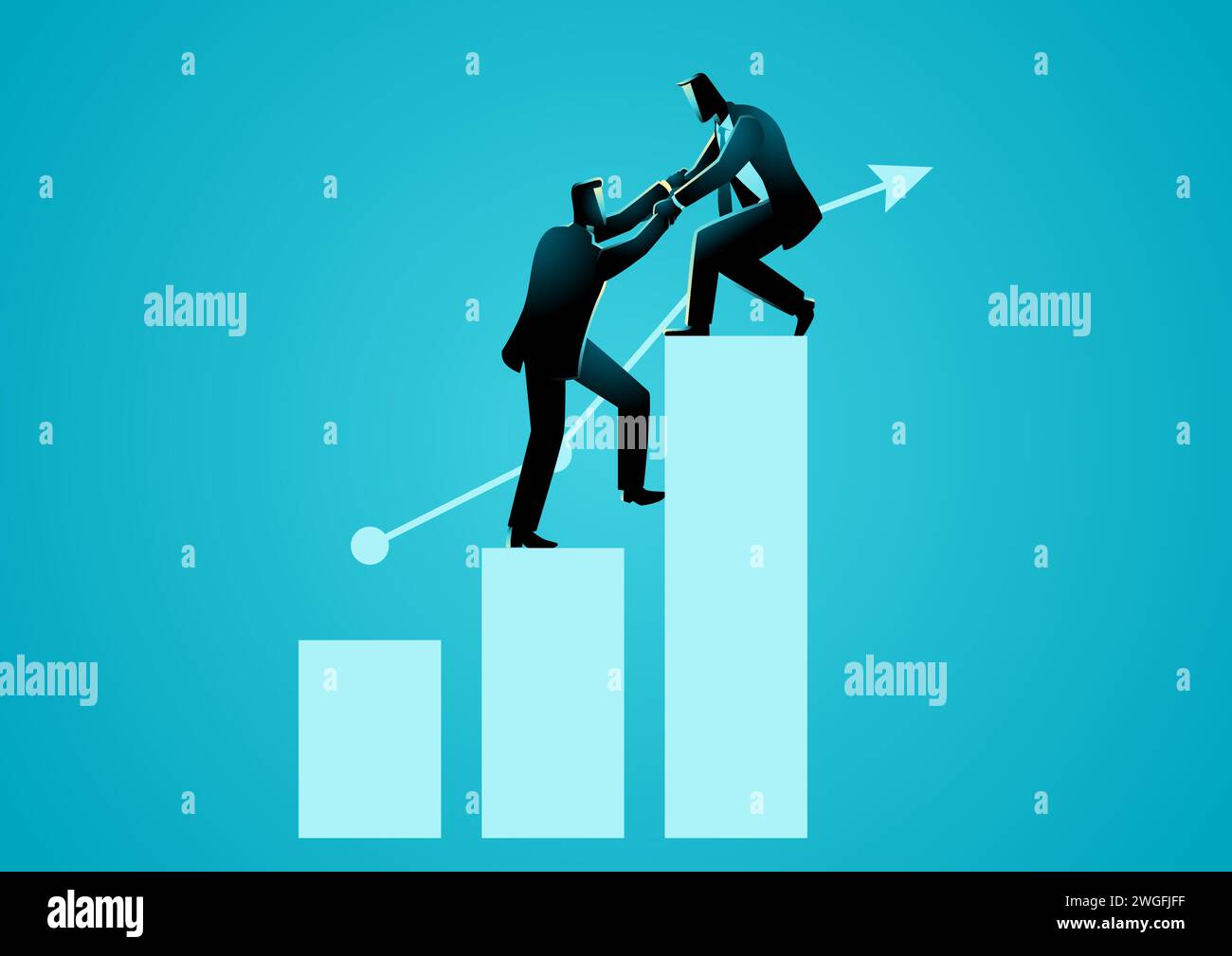 Businessman helping his friend climbing to higher chart, teamwork ...