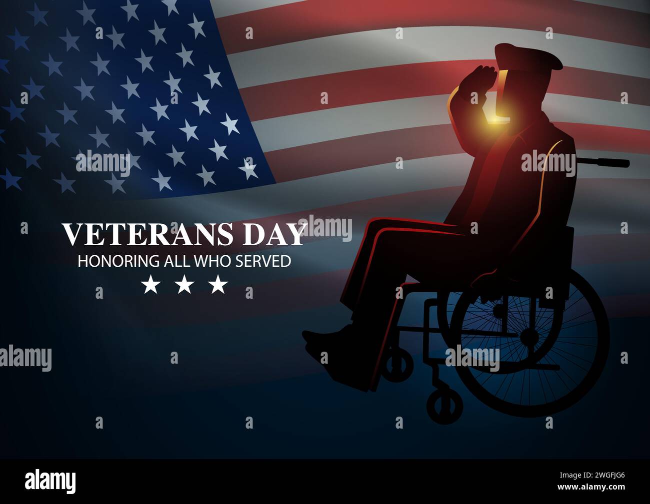 Disabled soldier sitting in a wheelchair saluting againts United States ...