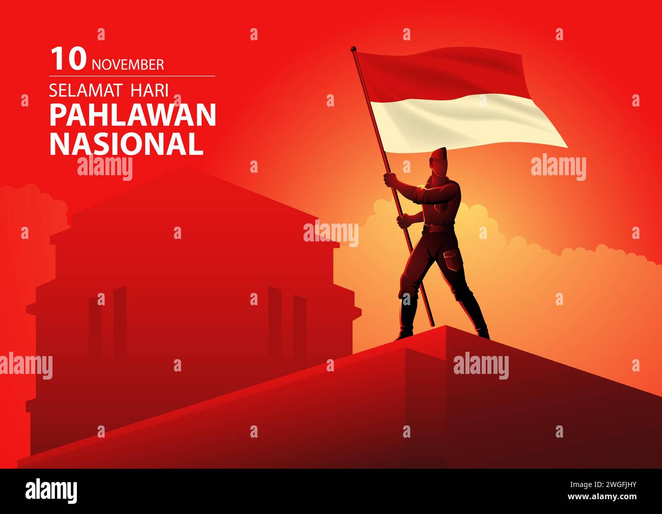 Indonesian National hero holding the flag of Indonesia on top of a ...