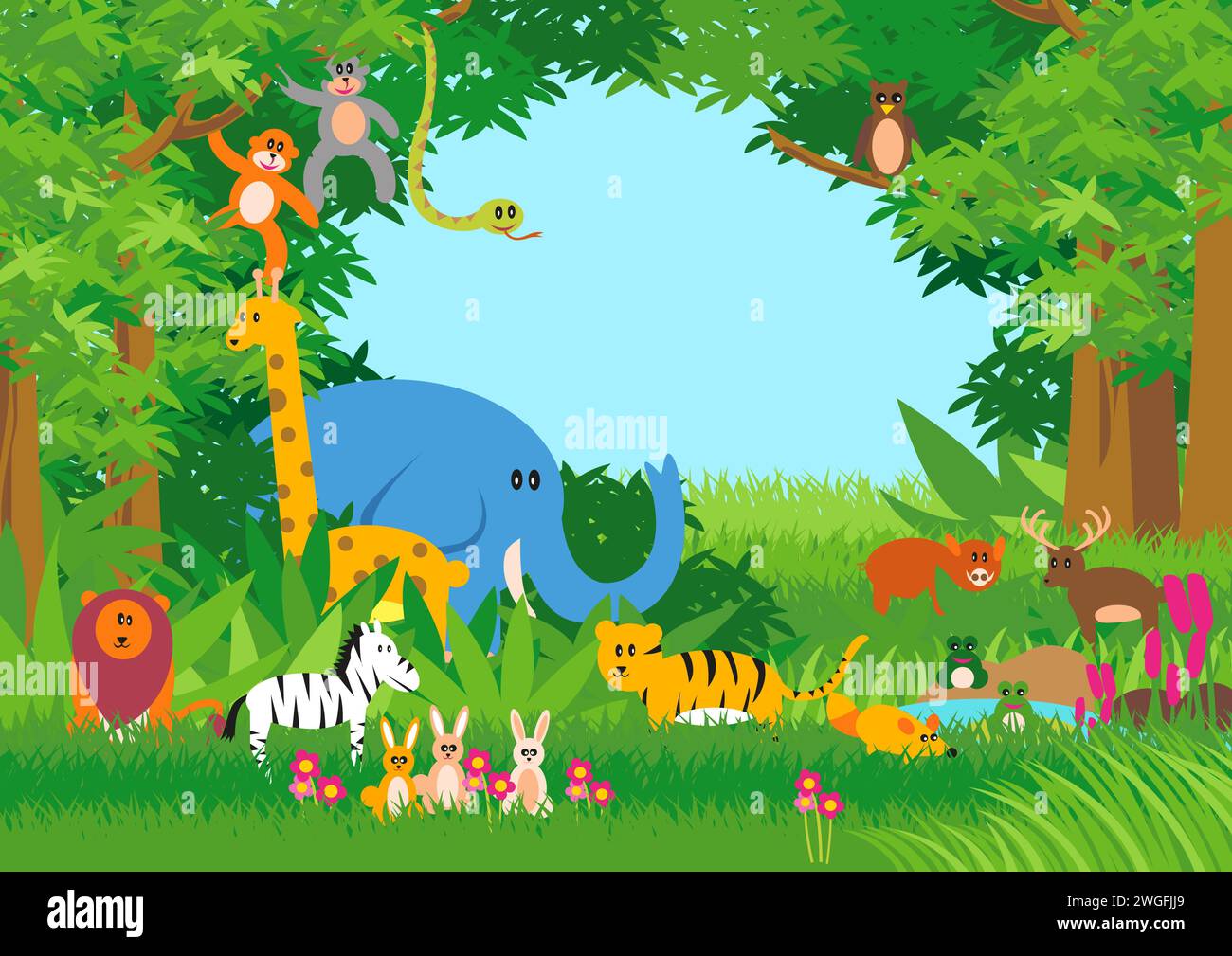 Kiddies cartoon illustration of animals in the jungle, vector ...