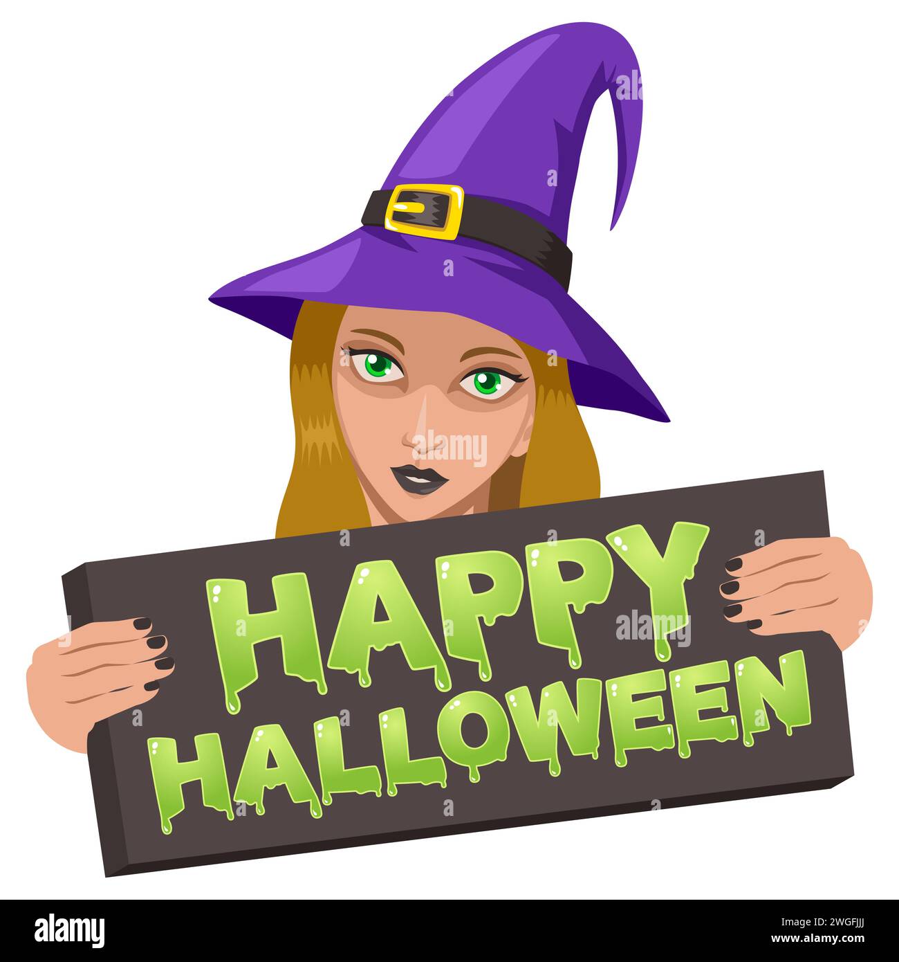Simple flat cartoon illustration of cute witch holding Happy Halloween ...
