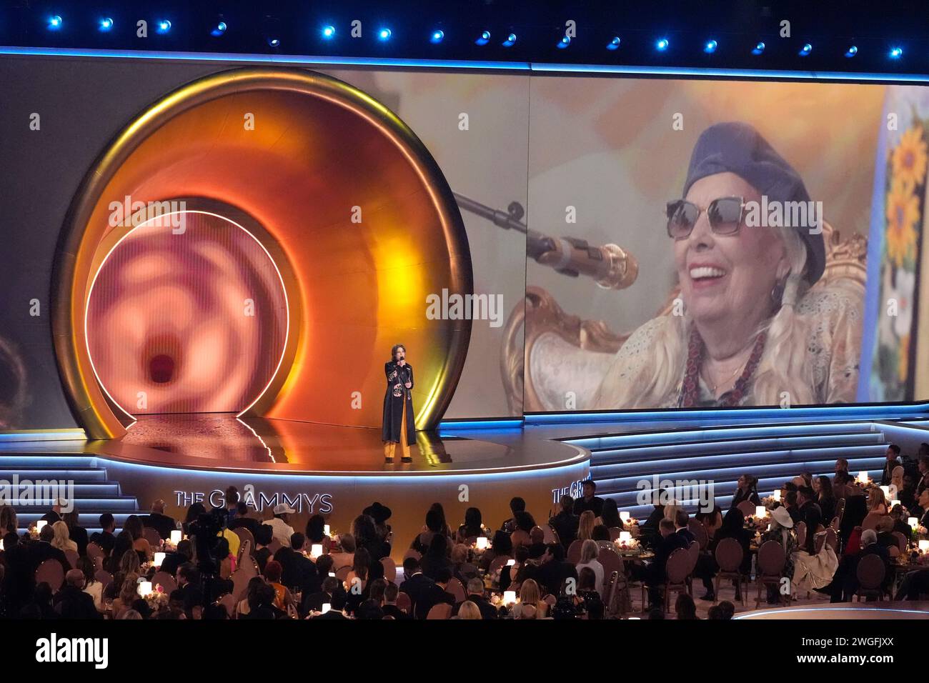 Brandi Carlile introduces a performance by Joni Mitchell during the 66th annual Grammy Awards on ...