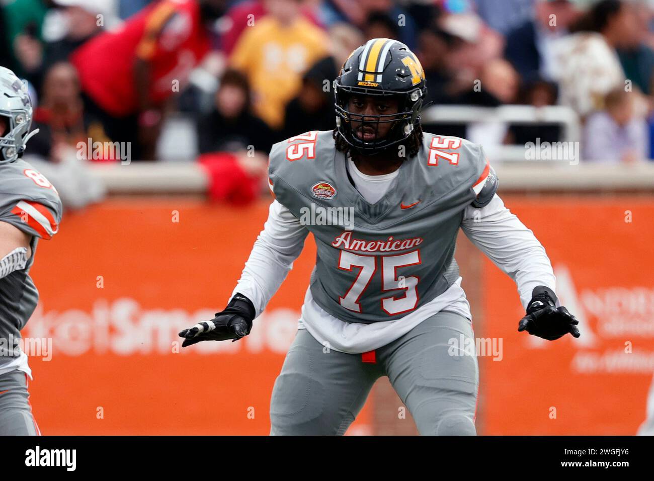 American offensive lineman Javon Foster of Missouri (75) during the ...