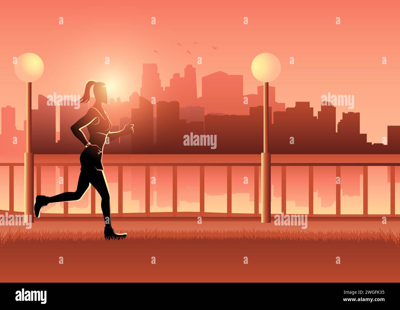 Vector illustration of a female figure jogging with cityscape as the ...