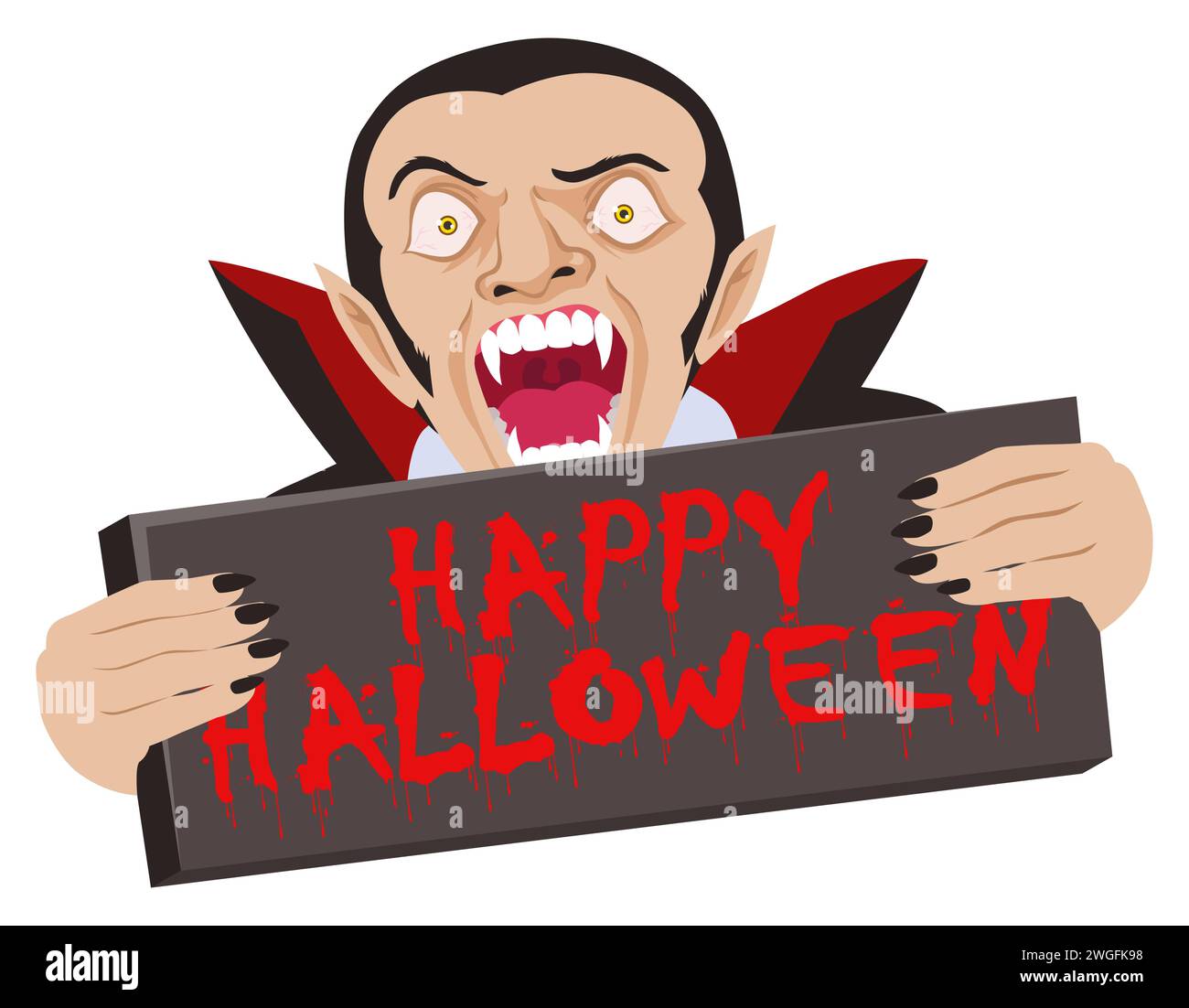 Simple flat cartoon illustration of Dracula holding Happy Halloween ...