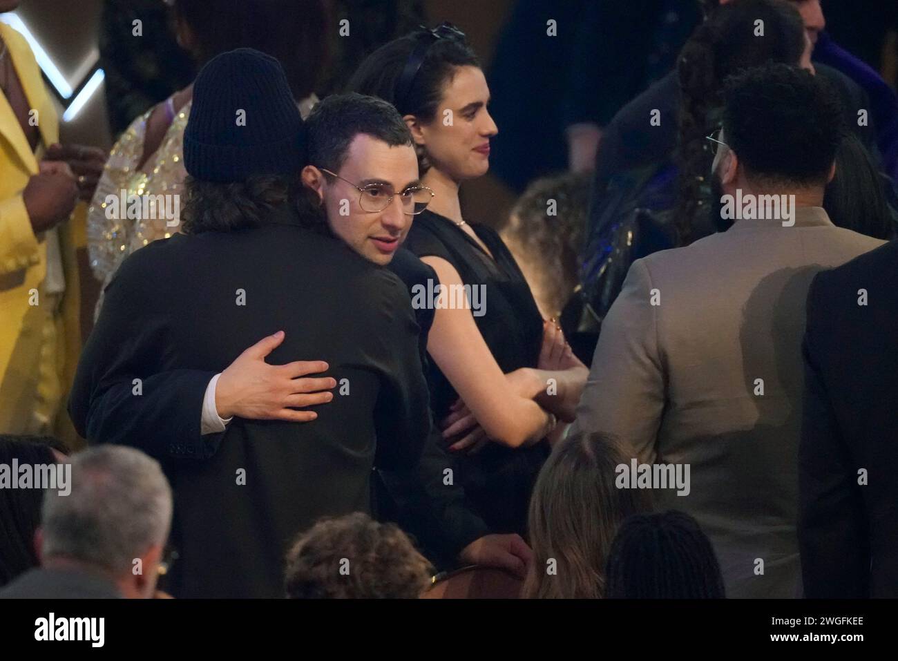 Aaron Dessner, from left, Jack Antonoff, and Margaret Qualley are seen ...