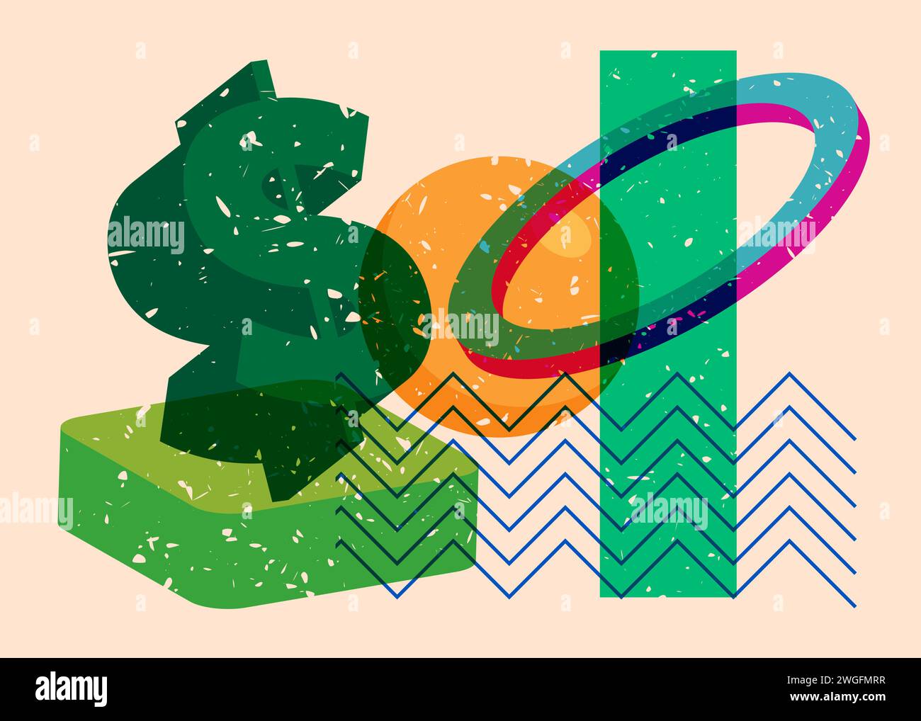 Risograph Dollar Sign with geometric shapes. Objects in trendy riso ...