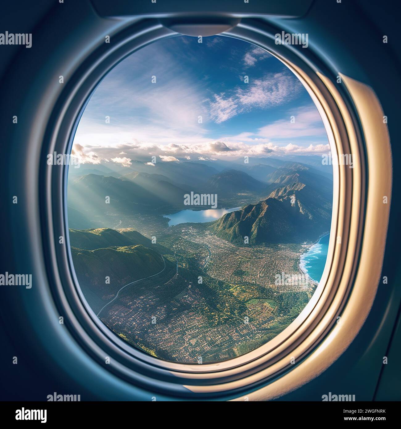 View of mountains and water seen through an open window Stock Photo - Alamy