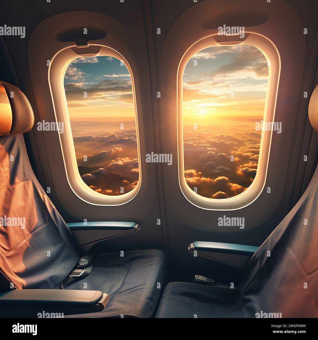 Two unoccupied seats in a plane facing opposite directions, with ...