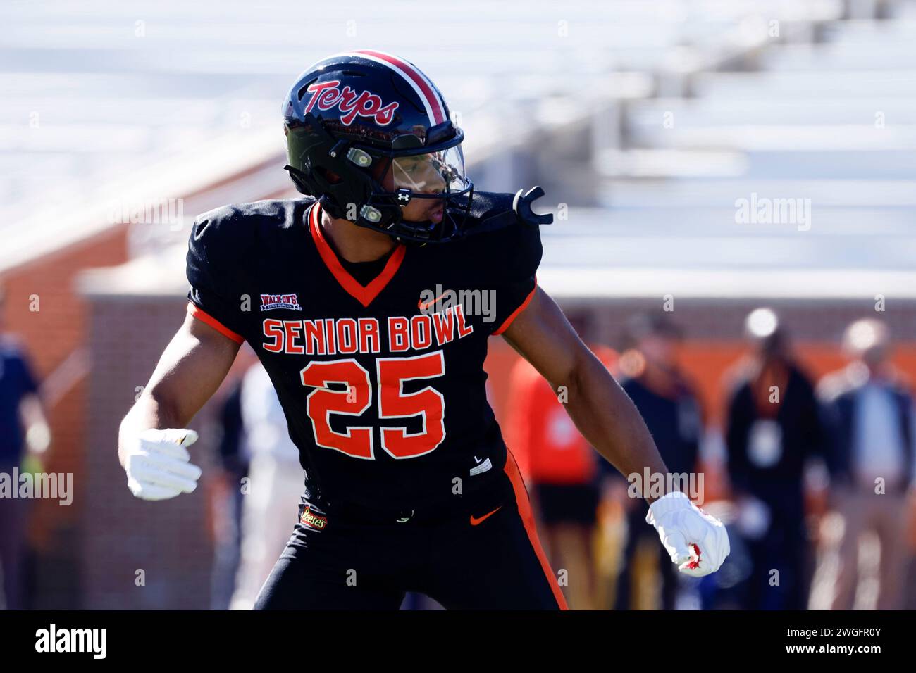 American defensive back Beau Brade of Maryland (25) runs through drills ...