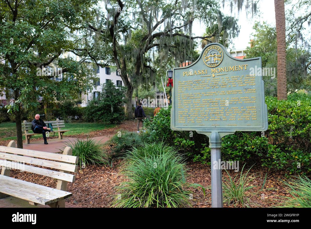 Sign at Pulaski Monument in Monterey Square, Savannah, Georgia; in ...