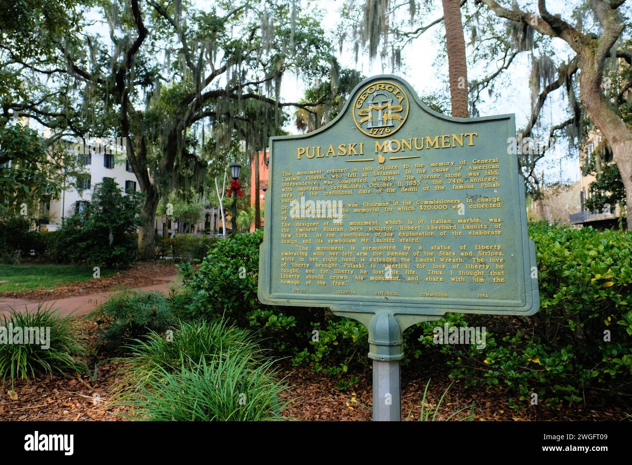 Sign at Pulaski Monument in Monterey Square, Savannah, Georgia; in ...