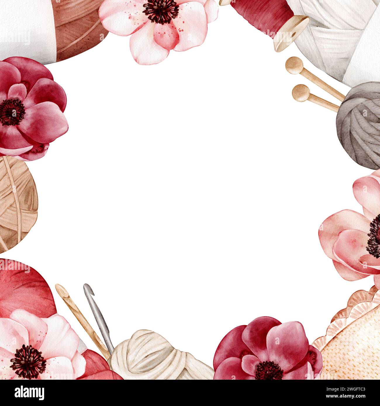 Watercolor frame with skeins of yarn, balls of woolen threads, wooden ...