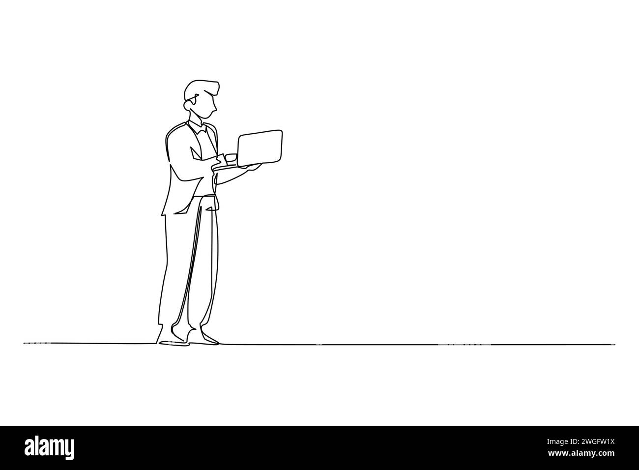 Man speaks while holds a laptop. Concept of communication in business ...