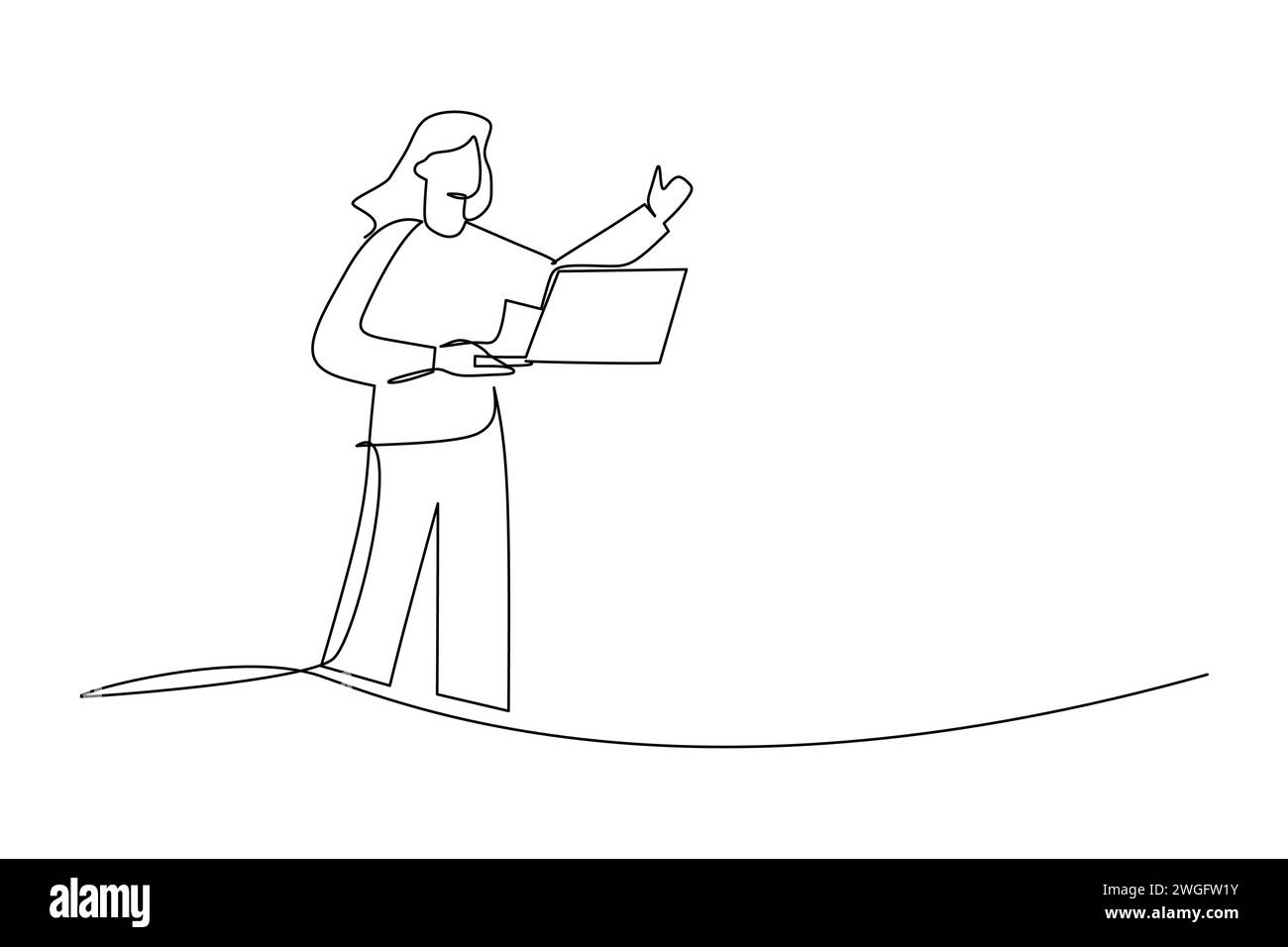 Woman Speak While Holds A Laptop Concept Of Communication In Business