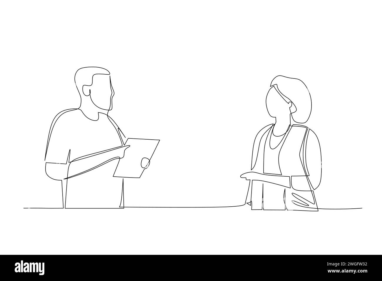 Continuous line drawing of two young male and female worker holding a ...