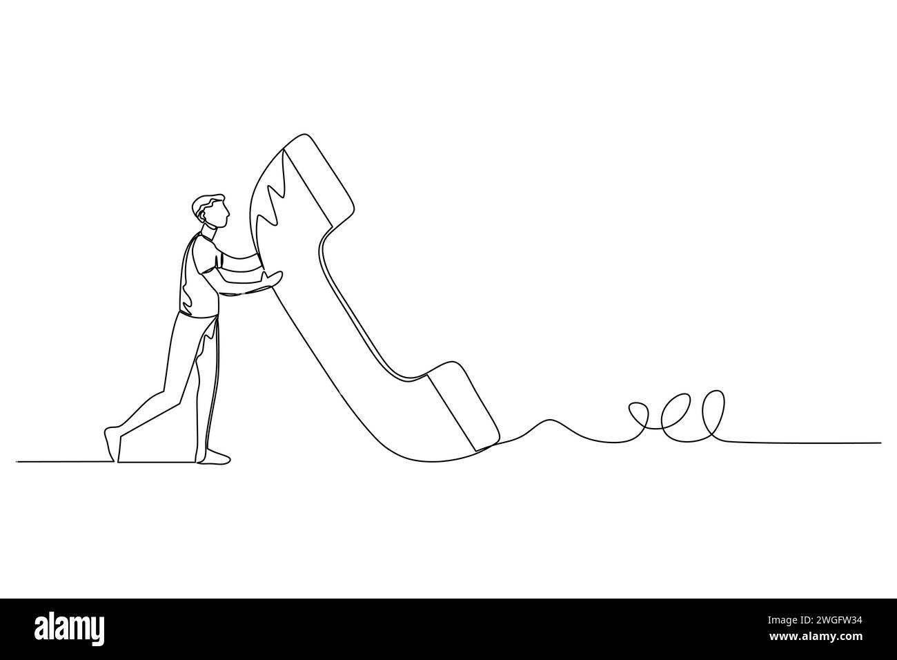 One single line drawing of a man holding old classic analog phone ...