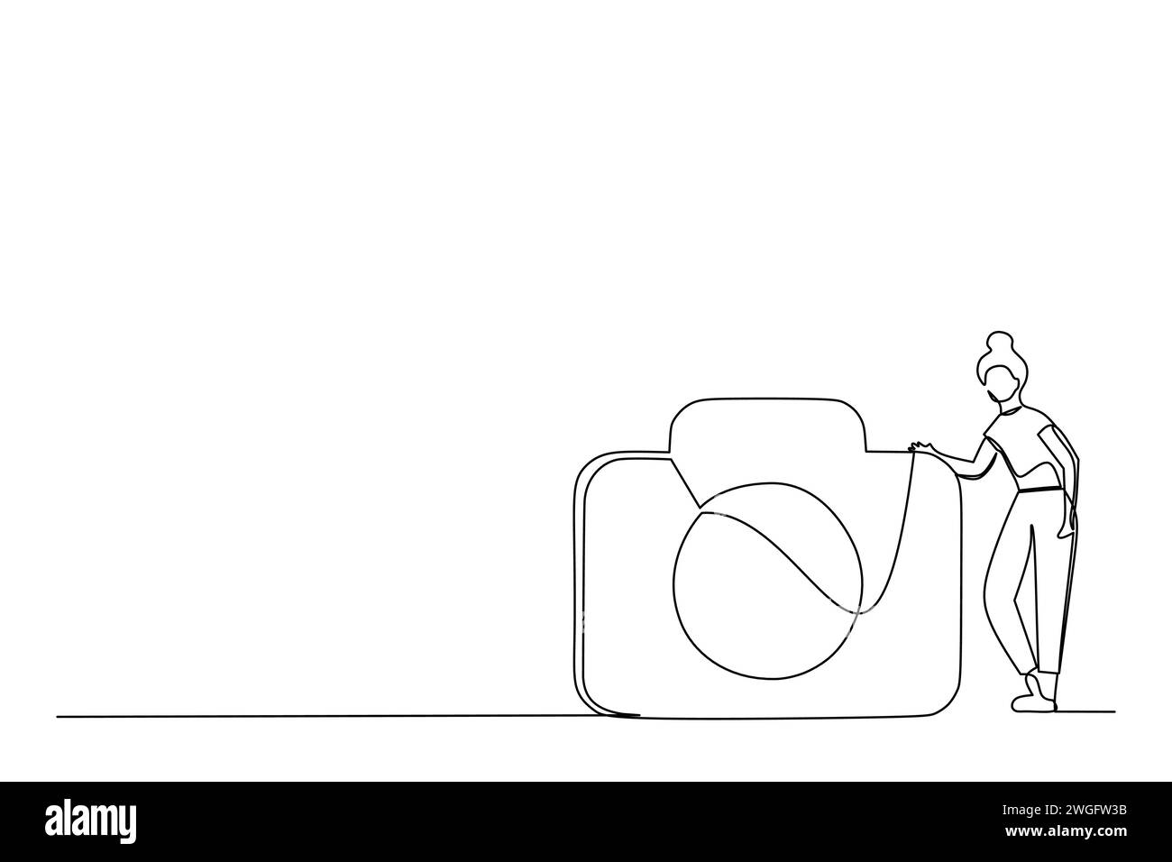 Continuous line drawing of a woman netxt to a DSLR photo camera and ...