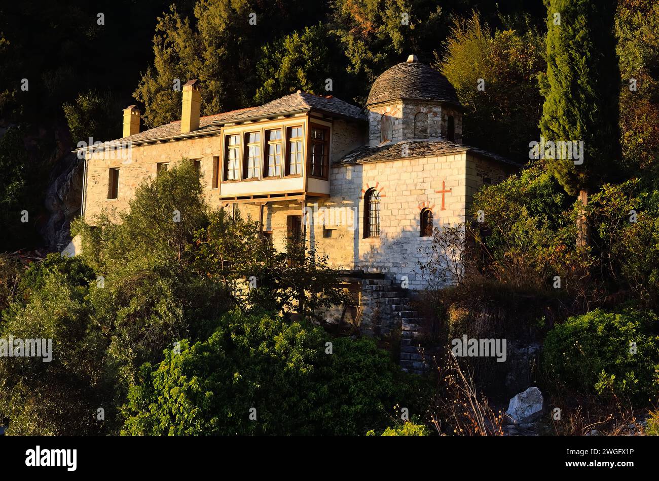 The Skete of Saint Anne, Mount Athos, Greec surrounding trees Stock ...