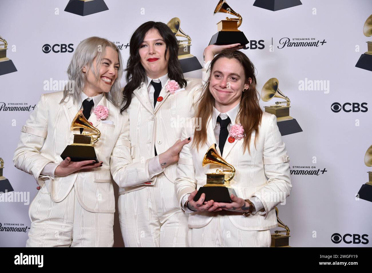 Phoebe Bridgers, from left, Lucy Dacus, and Julien Baker of boygenius ...