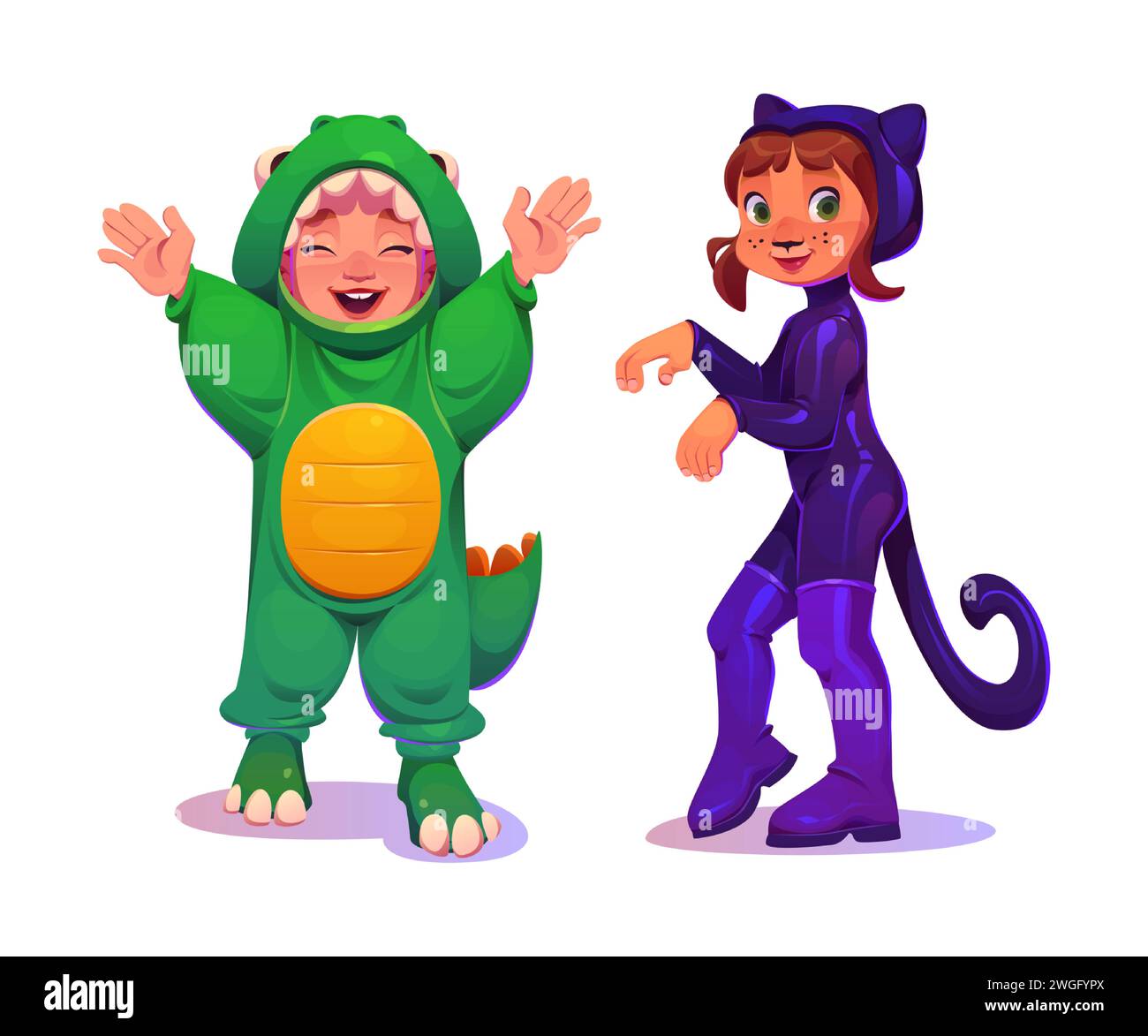 Cute girls in dinosaur and cat costumes isolated on white background ...