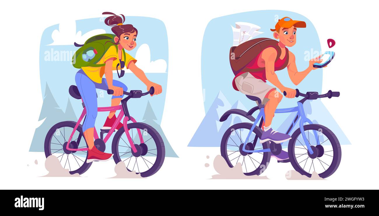 Tourist with backpack ride bicycle. Cartoon vector set of young people ...