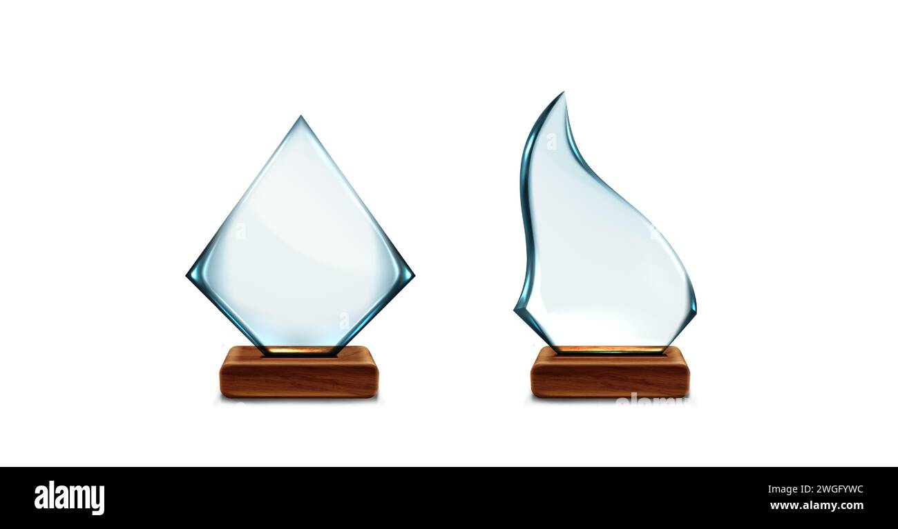 Glass and crystal trophy award on wooden stand. Realistic vector set of ...