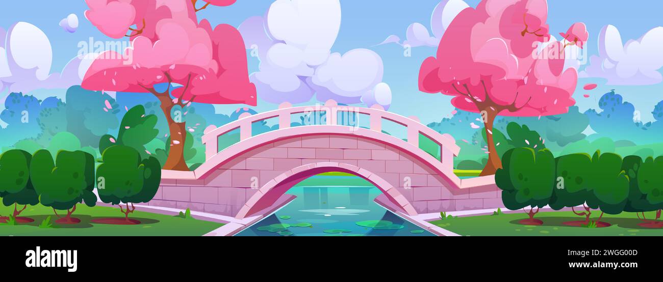 Sakura trees and stone bridge in spring park. Vector cartoon ...