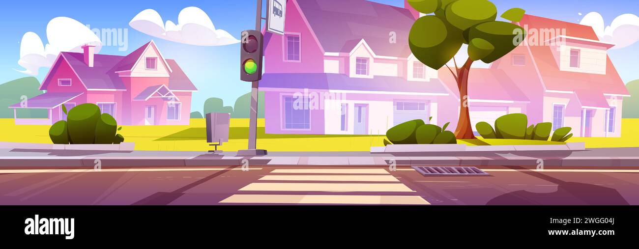 Suburban town street with pedestrian crossing. Vector cartoon ...