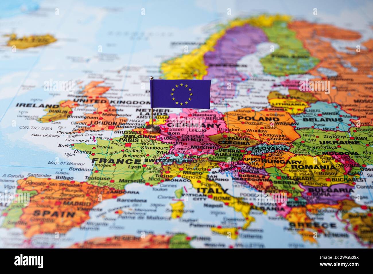 European union flag on European continent on geopolitical world map ...