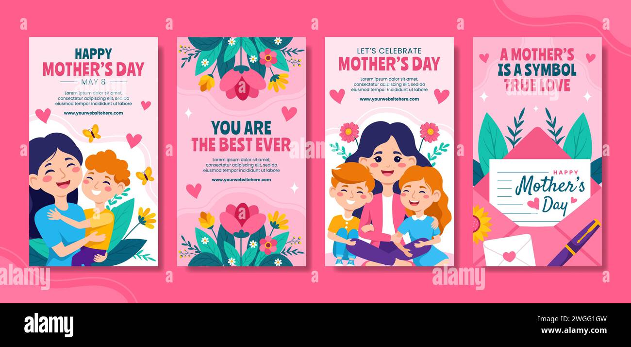 Mother Day Social Media Stories Flat Cartoon Hand Drawn Templates ...