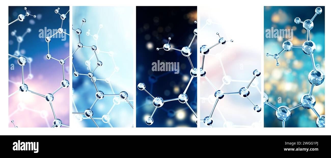 Set of vertical banners with models of abstract molecular structure ...