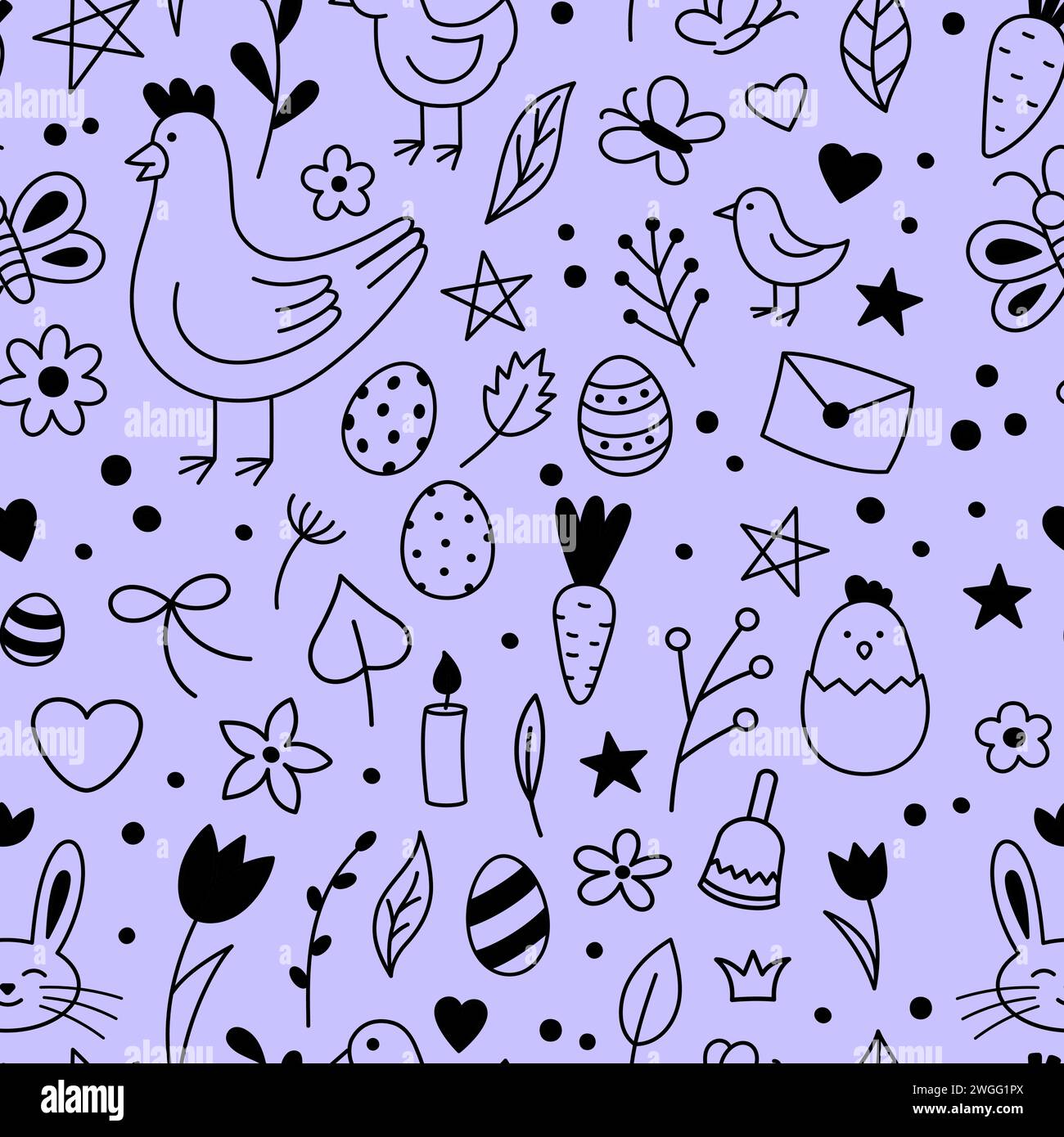 Happy Easter doodle seamless pattern. Vector cute characters and design ...