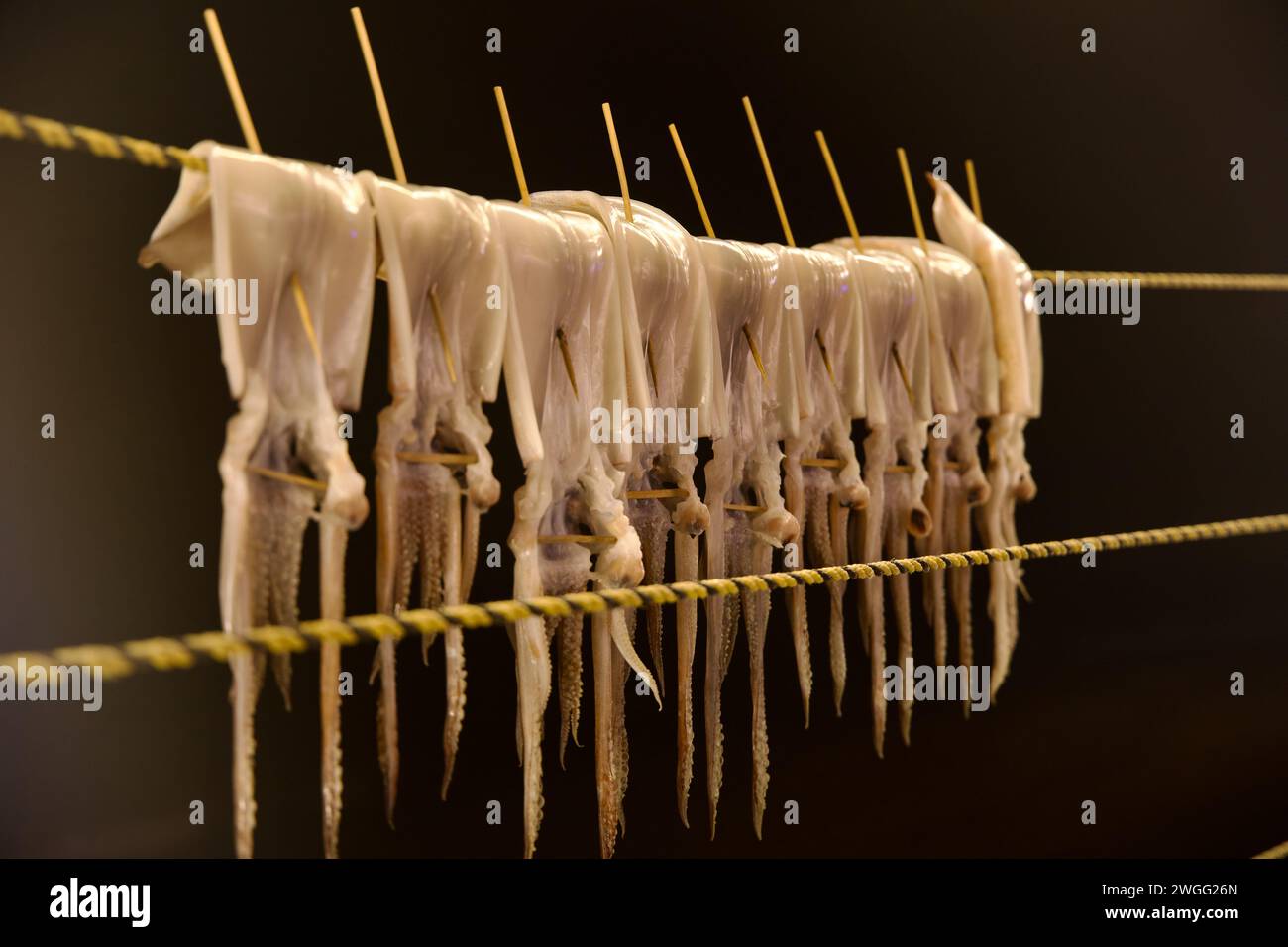 Yeongdeok County, South Korea - December 28, 2023: Fresh squid skewered ...